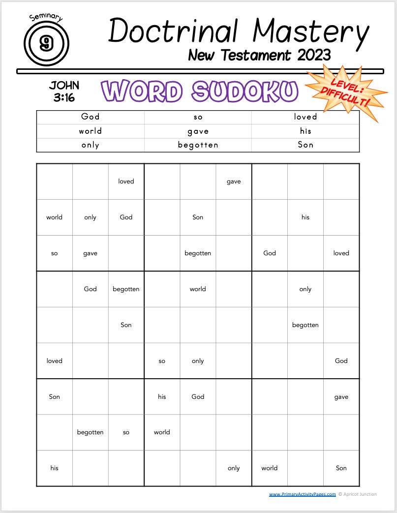 9x9 WORD SUDOKU Hard 2023 Doctrinal Mastery New Testament Puzzles ...