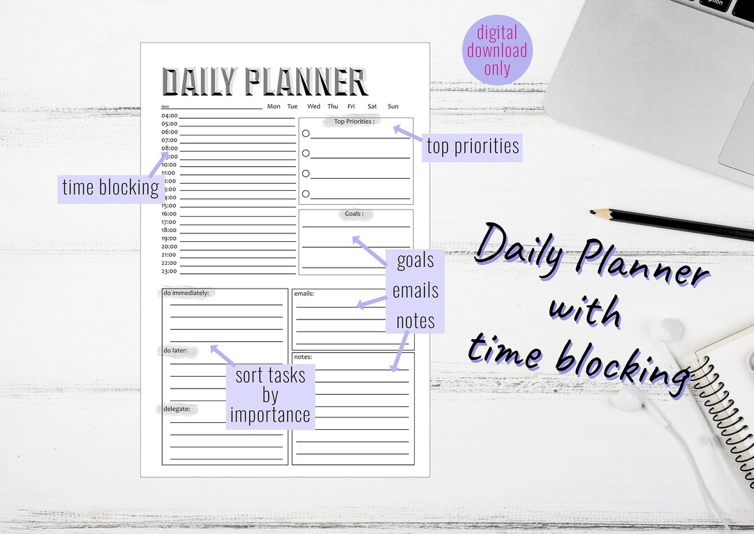 Daily Planner, Time Blocking, Top Priorities, Printable, Dina4, Pdf and ...