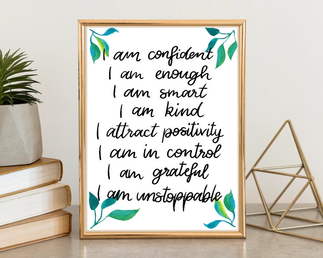 Positive Affirmation Poster Printable Watercolor Leaves I Am Confident ...