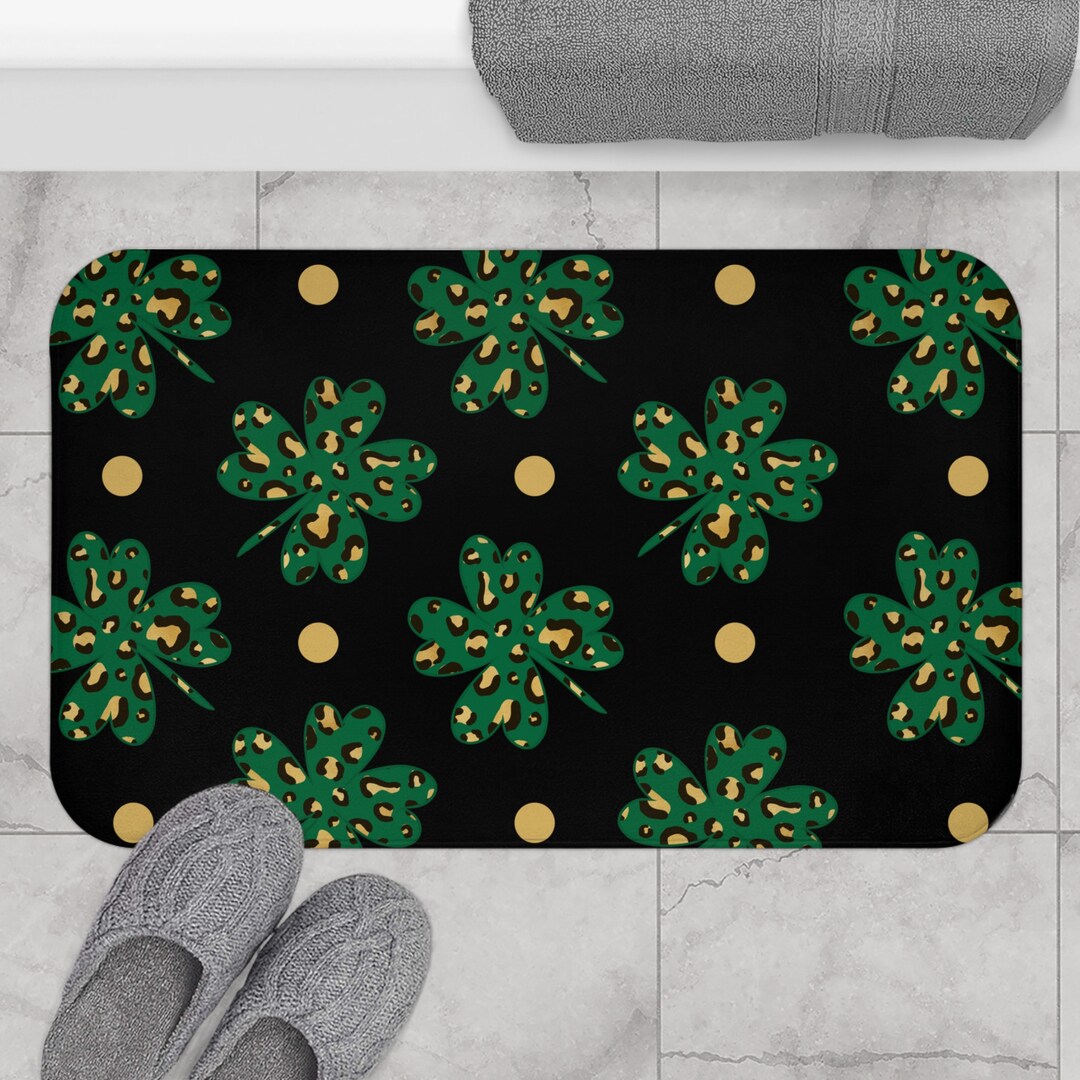 Shamrock Bath Mat | Animal Print Four Leaf Clover, Black Green Gold - Etsy