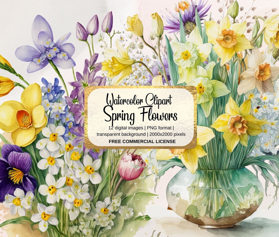 Spring Clipart, Flower Watercolor Clipart, Blue and Yellow Flowers ...