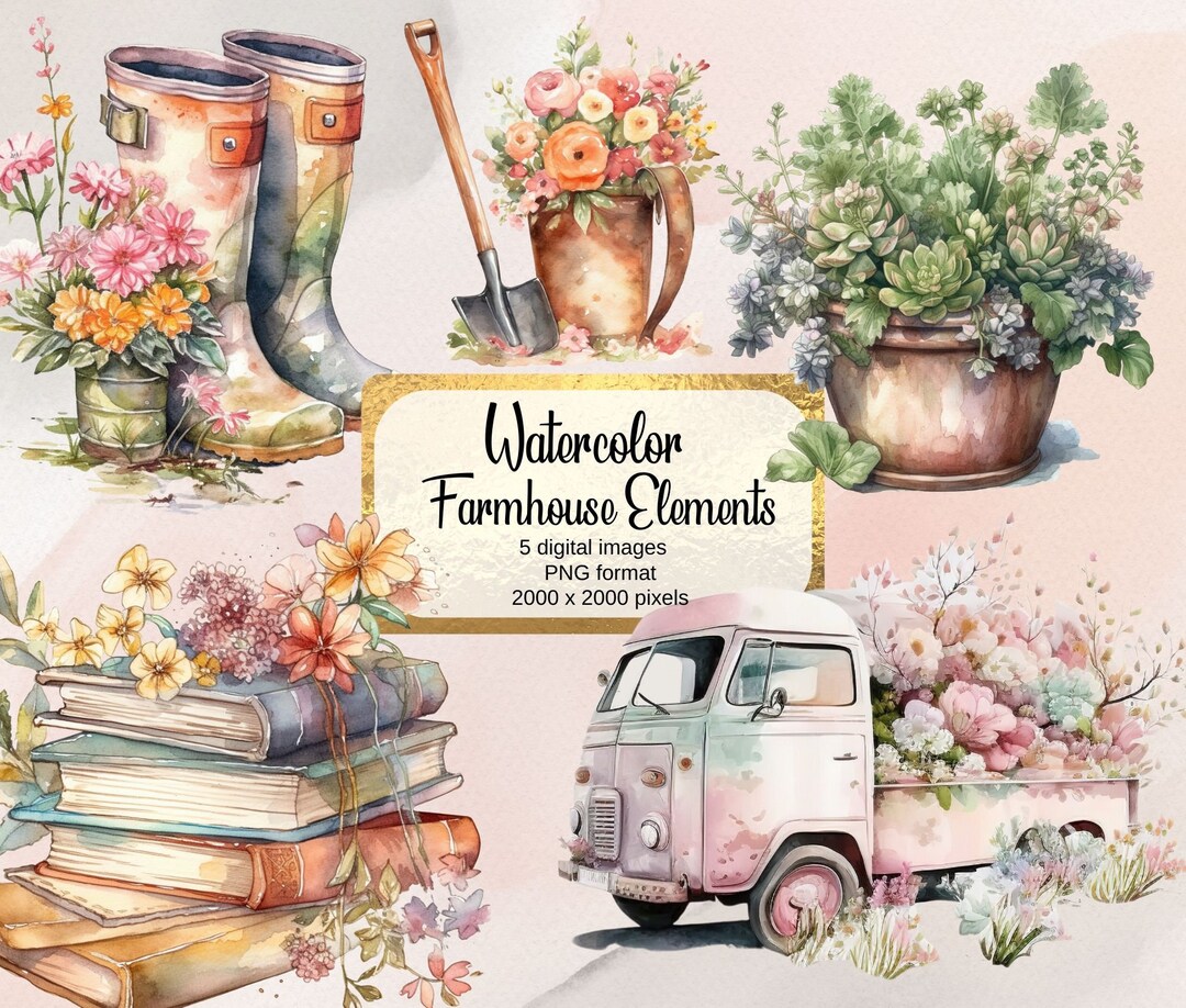 Watercolor Spring Magic: Farmhouse Clipart, Garden Scenes, and Spring ...
