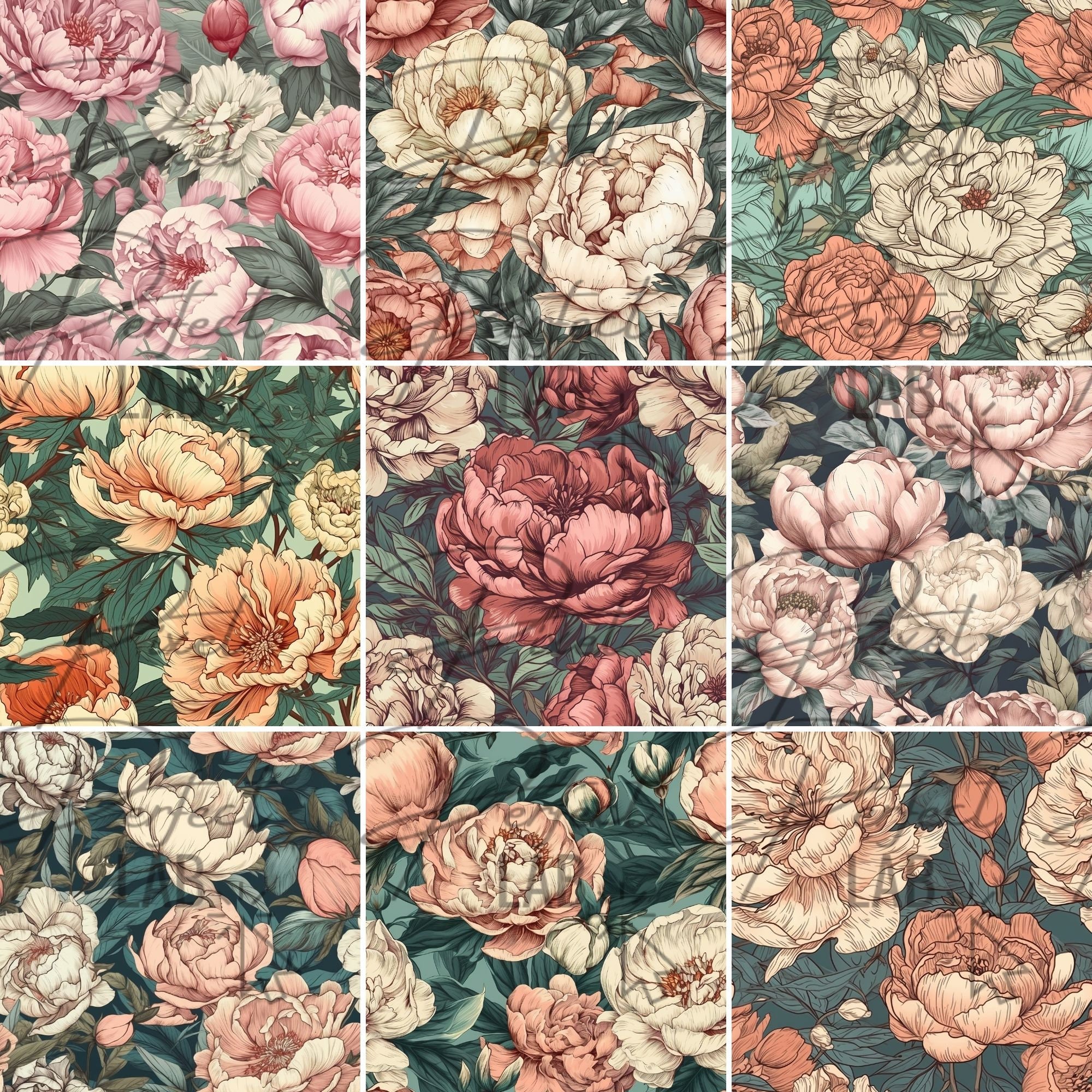 Seamless Pattern Peony Watercolor Flowers, Floral Digital Paper Pack ...