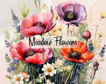 Watercolor Meadow Flowers Clipart, Wildflower Floral PNG, Png Bundle ...