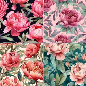Peony Watercolor Seamless Pattern Bundle Digital Scrapbook & Digital ...