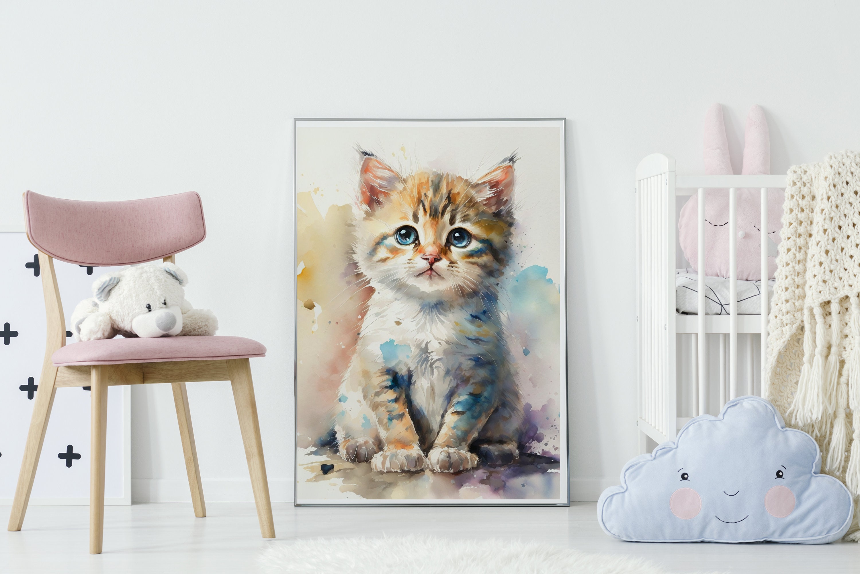 Cat Poster for Nursery, Cat Watercolor Printable Art, Kids Room Decor ...