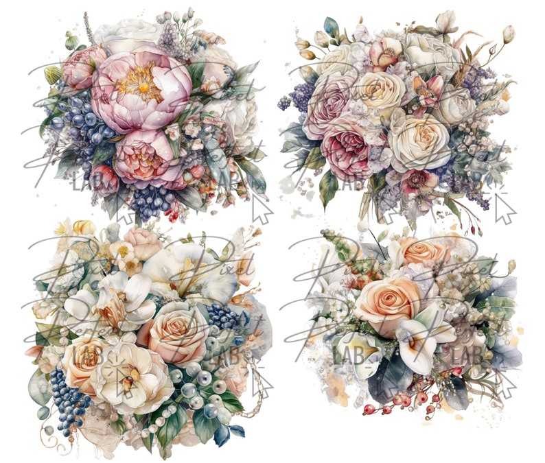 Watercolor Wedding Clipart, Bride Bouquet Art, Wedding Flowers PNG ...