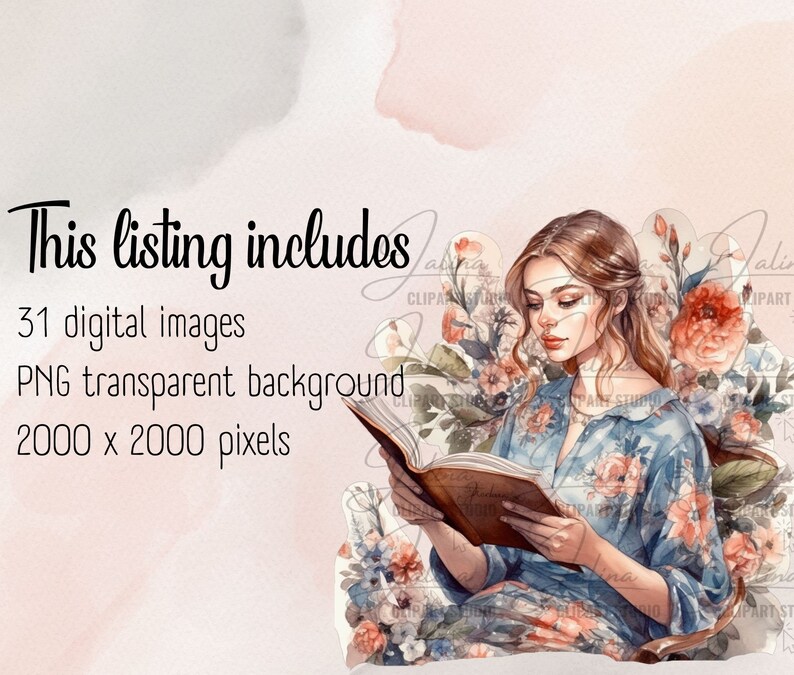 Book Lovers Clipart Set Book Decor Theme, Bookworm Girl, Library ...