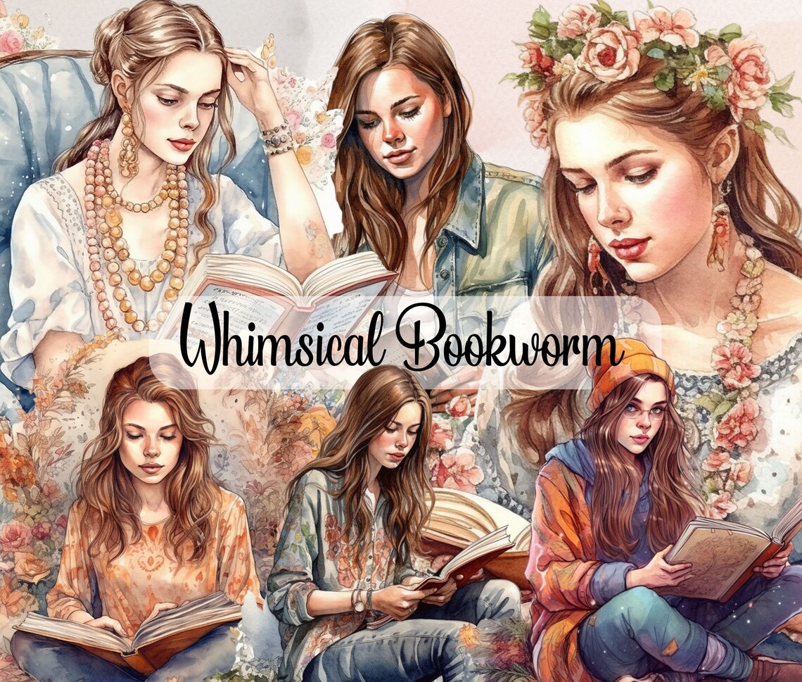 Book Lovers Clipart Set Book Decor Theme, Bookworm Girl, Library ...