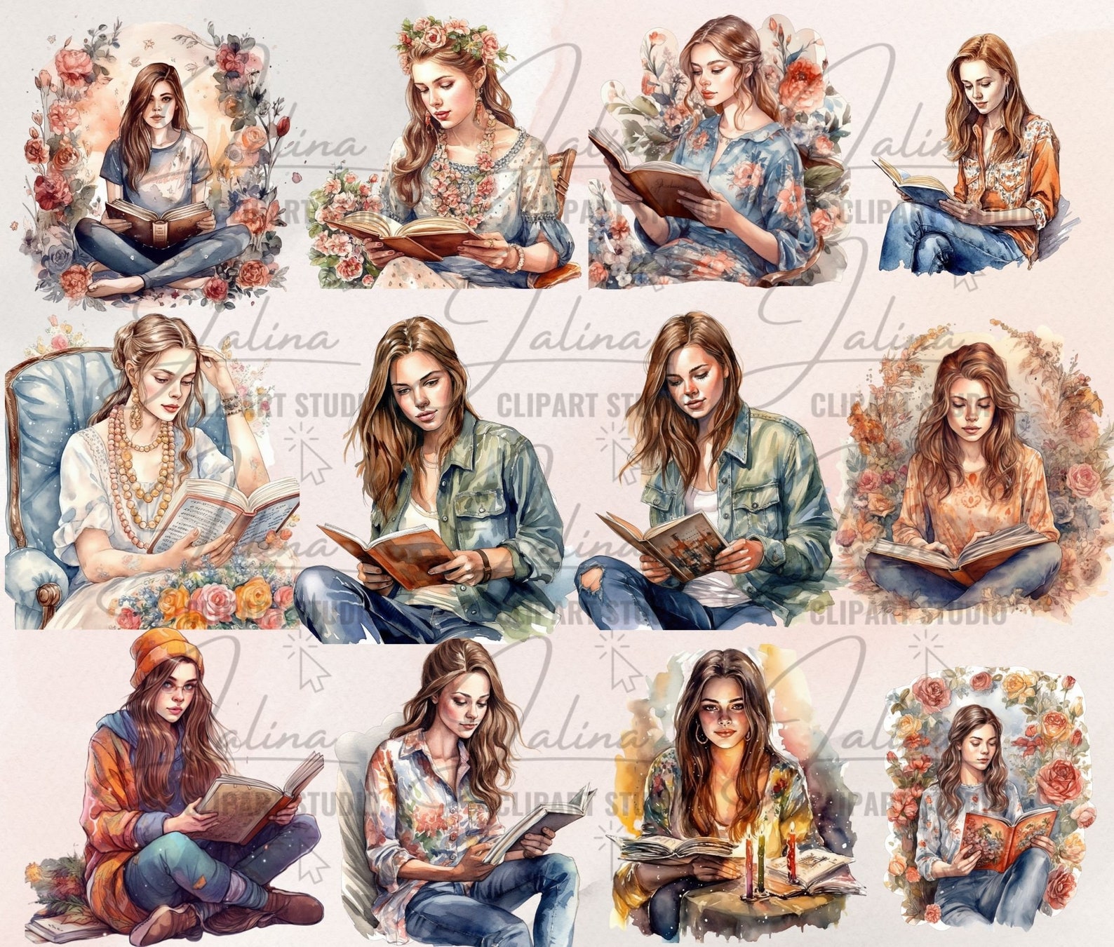 Book Lovers Clipart Set Book Decor Theme, Bookworm Girl, Library ...