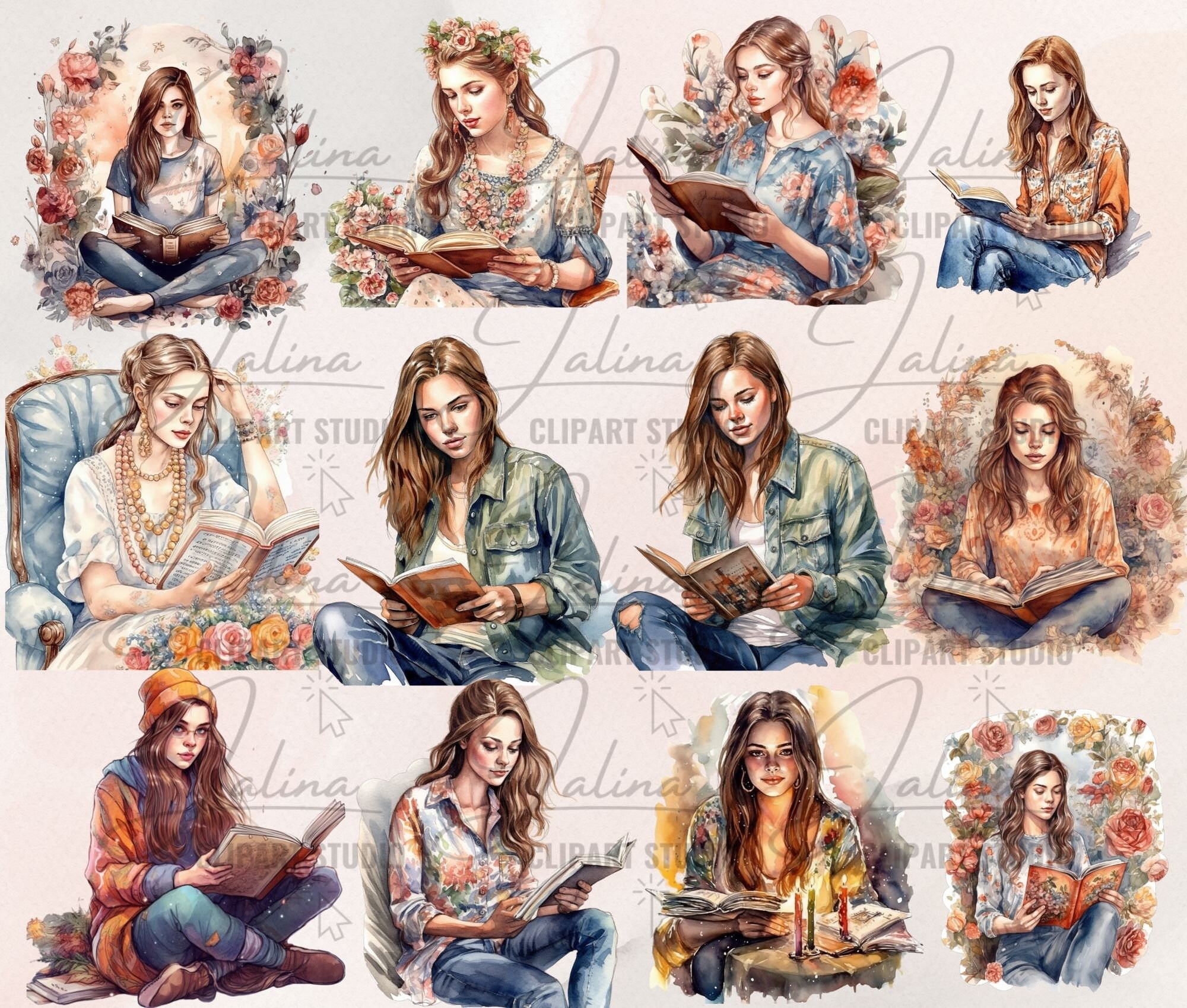 Book Lovers Clipart Set Book Decor Theme, Bookworm Girl, Library ...