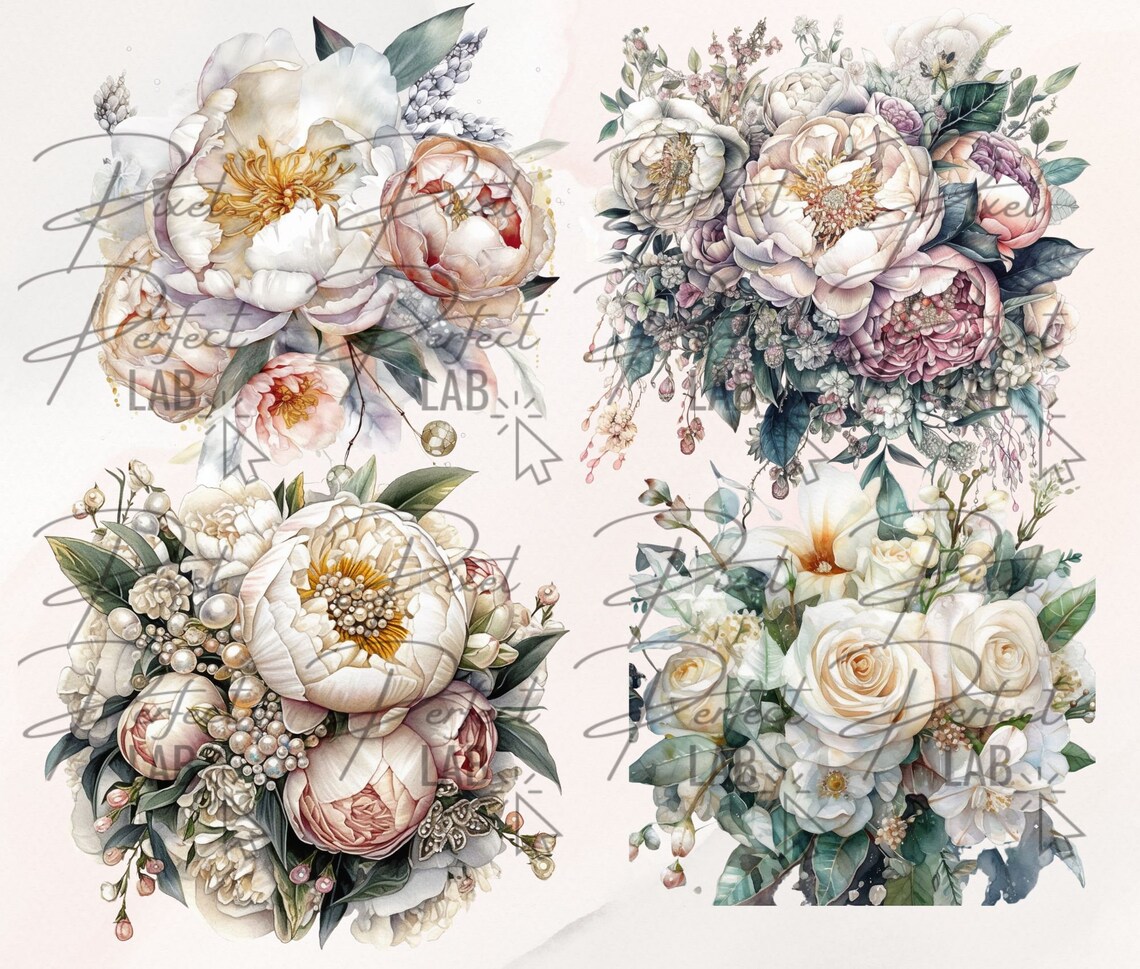 Watercolor Wedding Clipart, Bride Bouquet Art, Wedding Flowers PNG ...