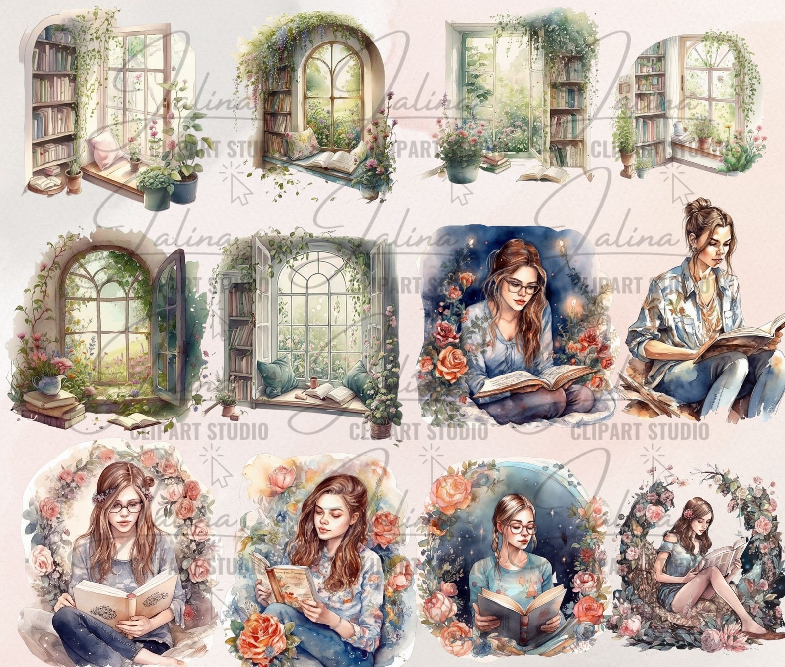 Book Lovers Clipart Set Book Decor Theme, Bookworm Girl, Library ...