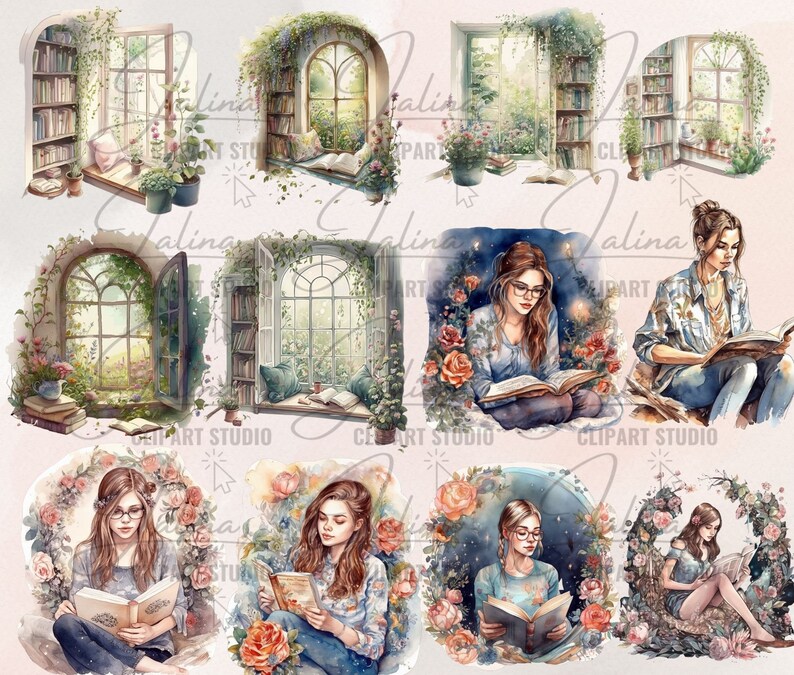 Book Lovers Clipart Set Book Decor Theme, Bookworm Girl, Library ...