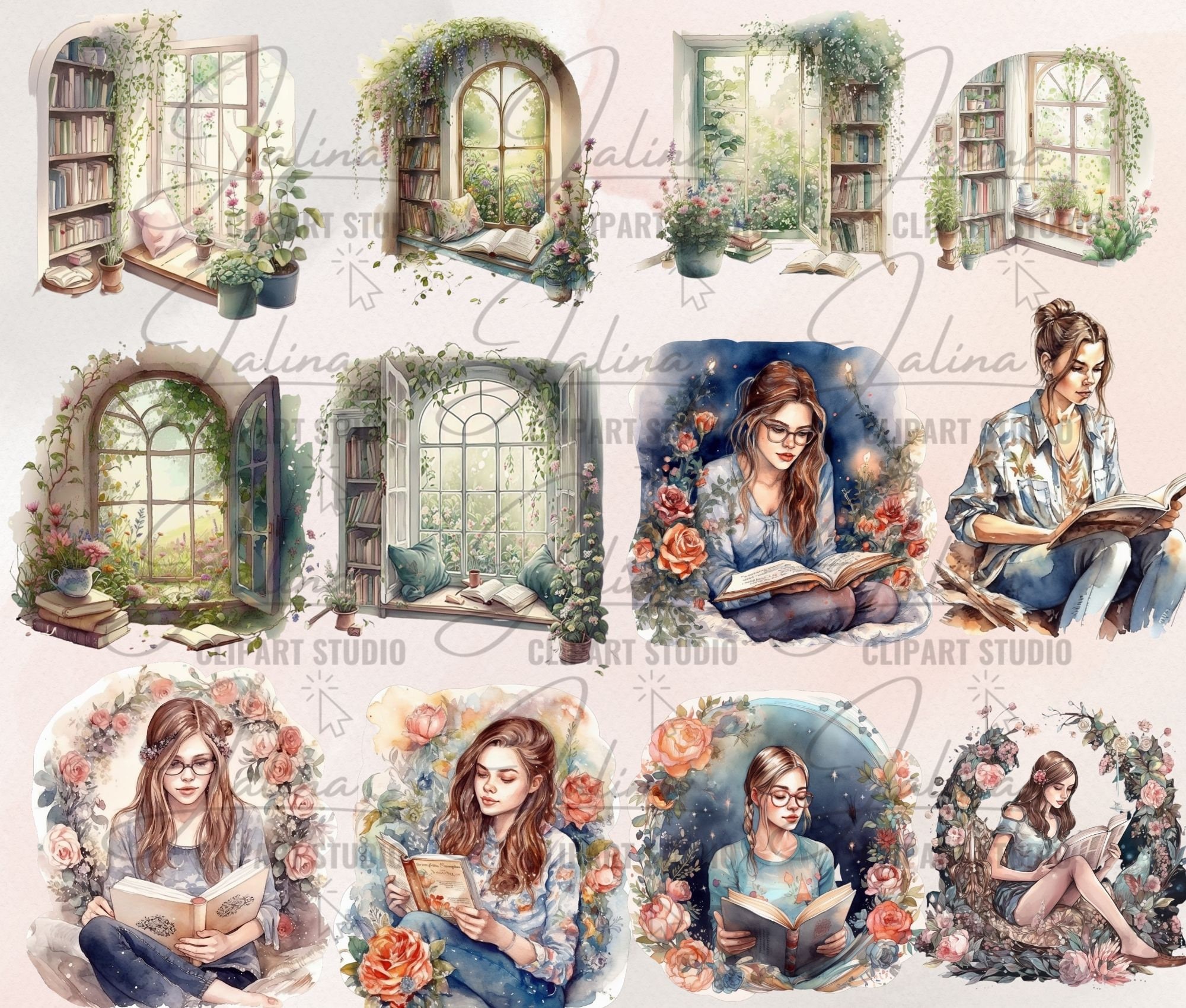 Book Lovers Clipart Set Book Decor Theme, Bookworm Girl, Library ...