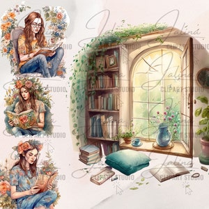Book Lovers Clipart Set Book Decor Theme, Bookworm Girl, Library ...