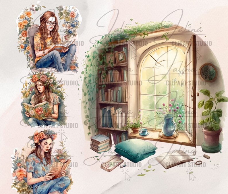 Book Lovers Clipart Set Book Decor Theme, Bookworm Girl, Library ...