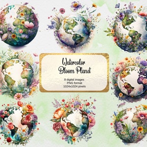 Earth Day Watercolor Clipart Set Planet Earth, Globe & Nature Elements ...