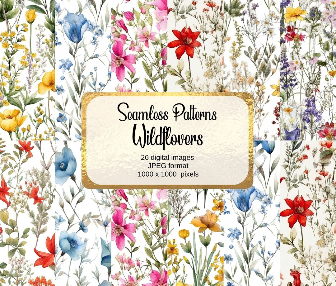 Seamless Pattern Wildflowers Watercolor, Floral Digital Paper Pack ...