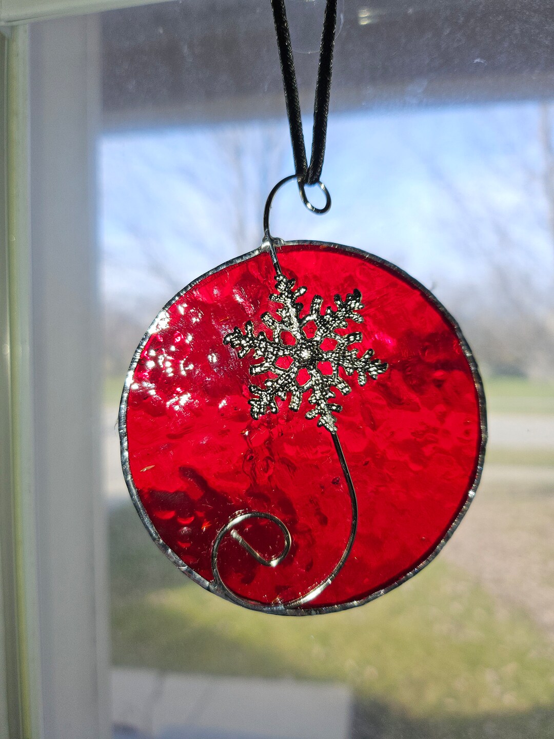 Handmade Stained Glass Circle Ornament With Snowflake Accent, Holiday ...
