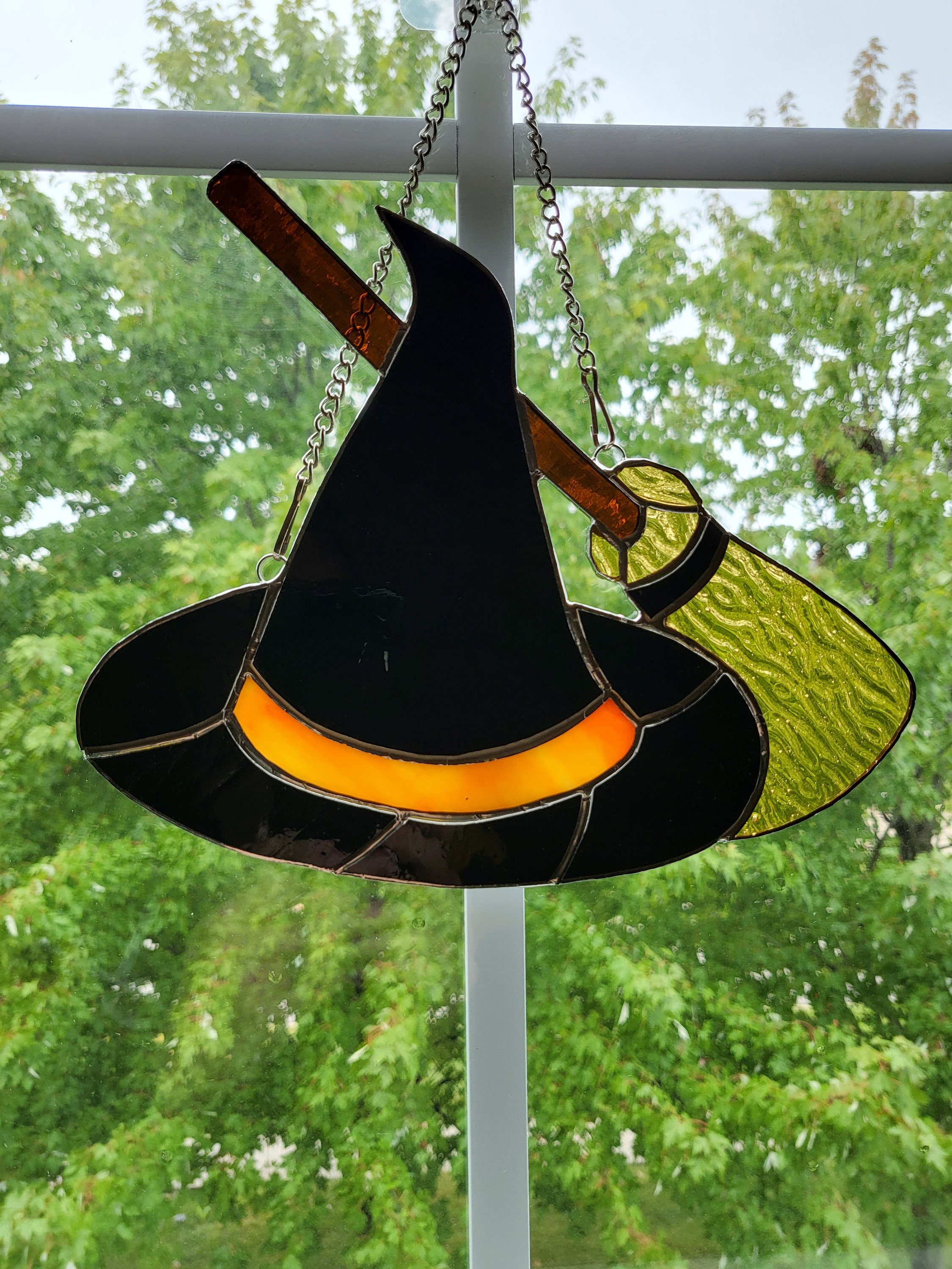 Handmade Stained Glass Witch Hat With Broom Suncatcher, Halloween, Fall ...