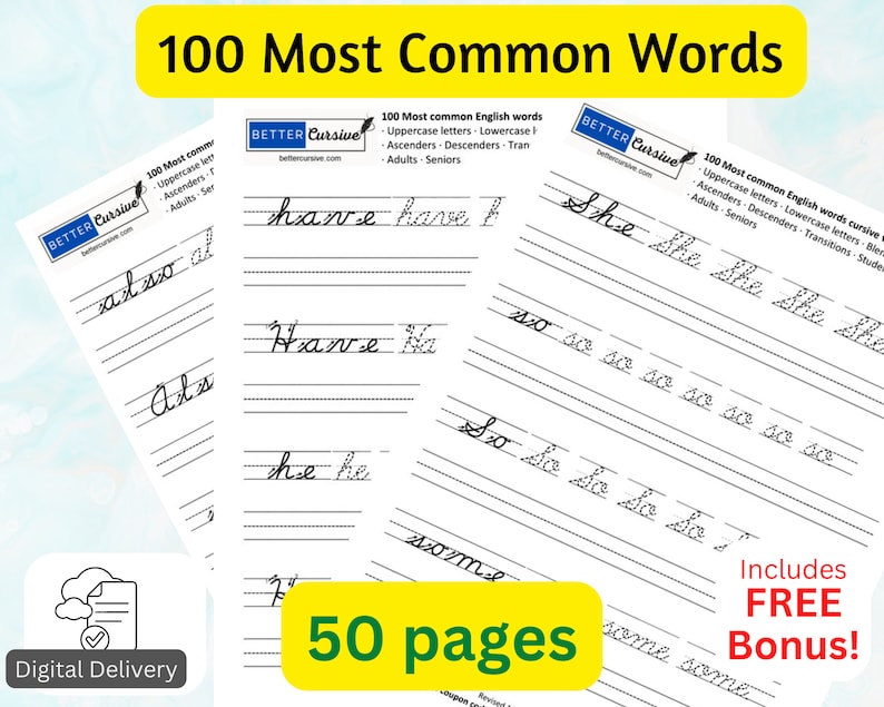 Cursive Writing Practice: 100 Most Common English Words in Upper and ...