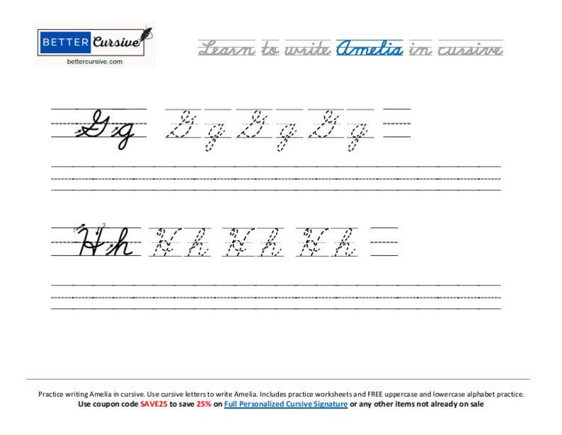 Learn How to Write Amelia in Cursive. Practice Writing Amelia Using ...