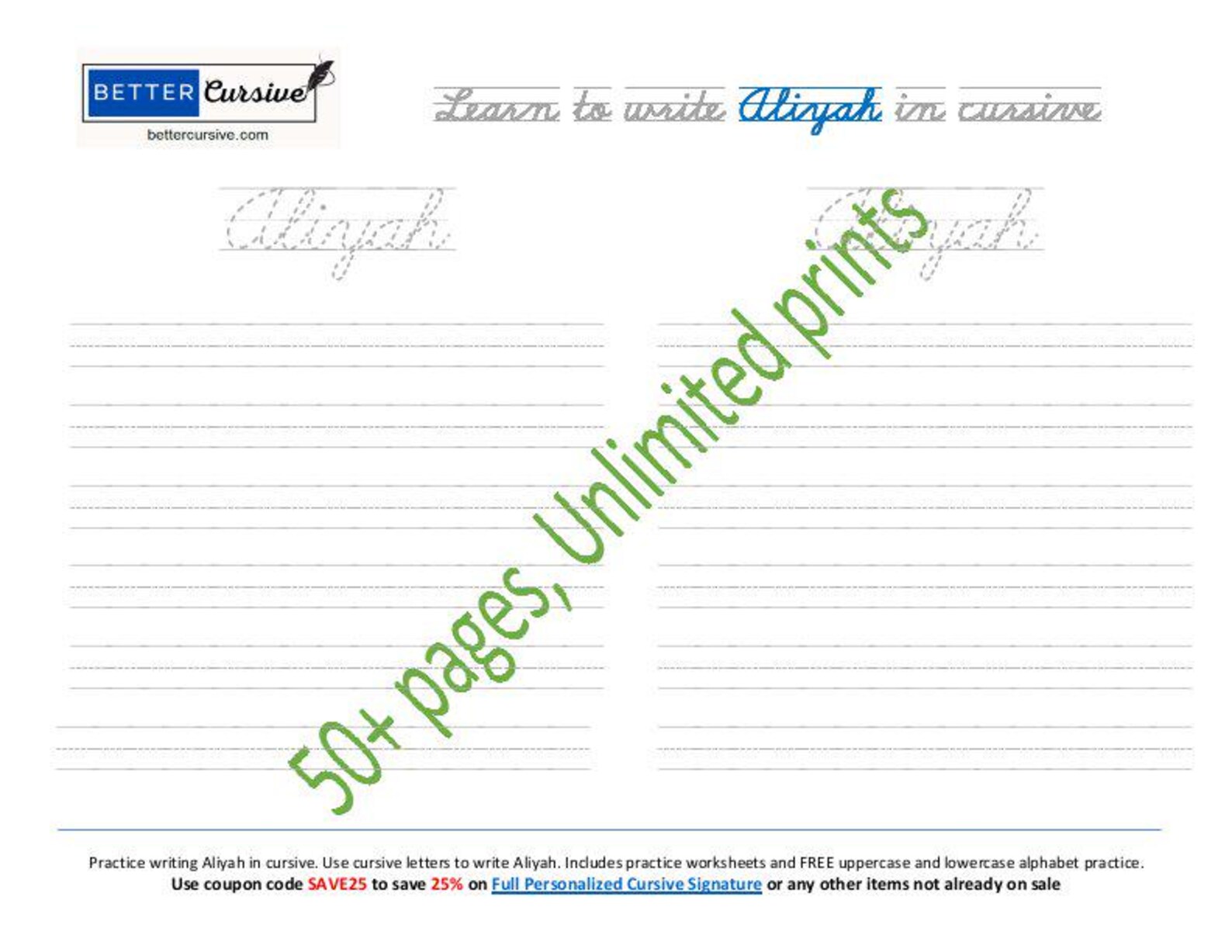 Learn How to Write Aliyah in Cursive. Practice Writing Aliyah Using ...