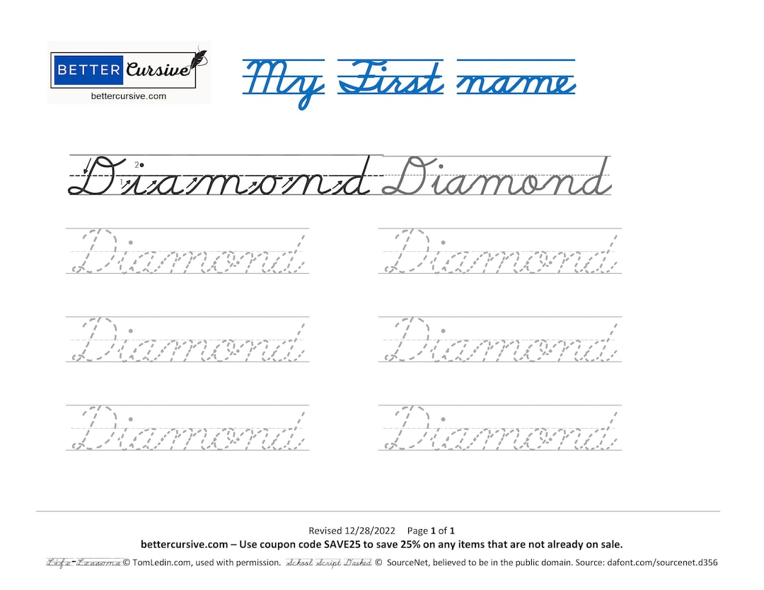 Personalized Gift for Diamond. Cursive Writing Worksheet Practice ...