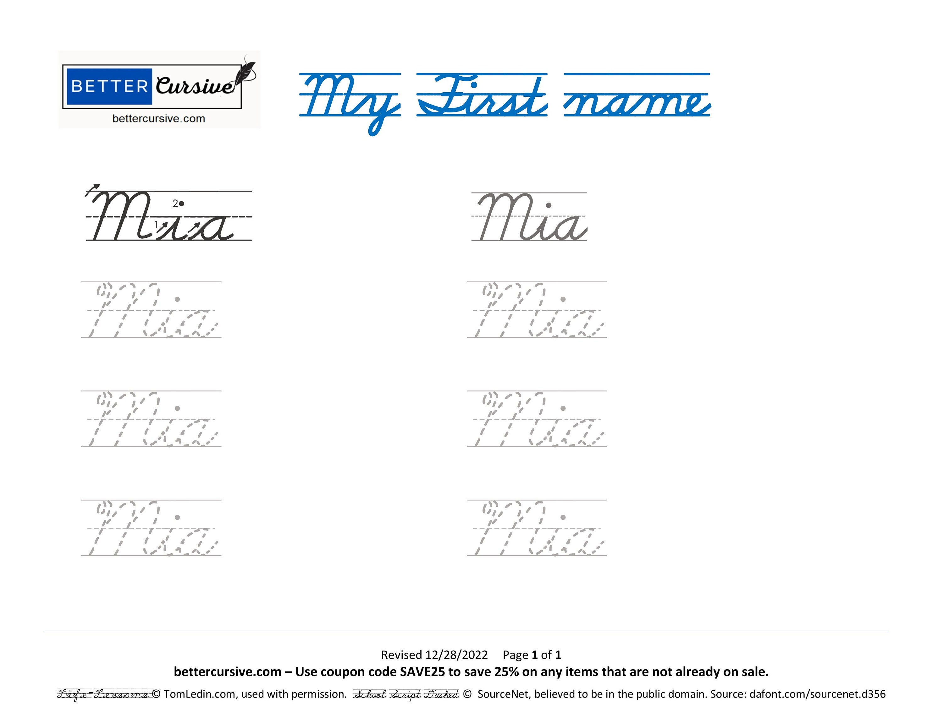 Personalized Gift for Mia. Customized Cursive First Name Worksheet ...