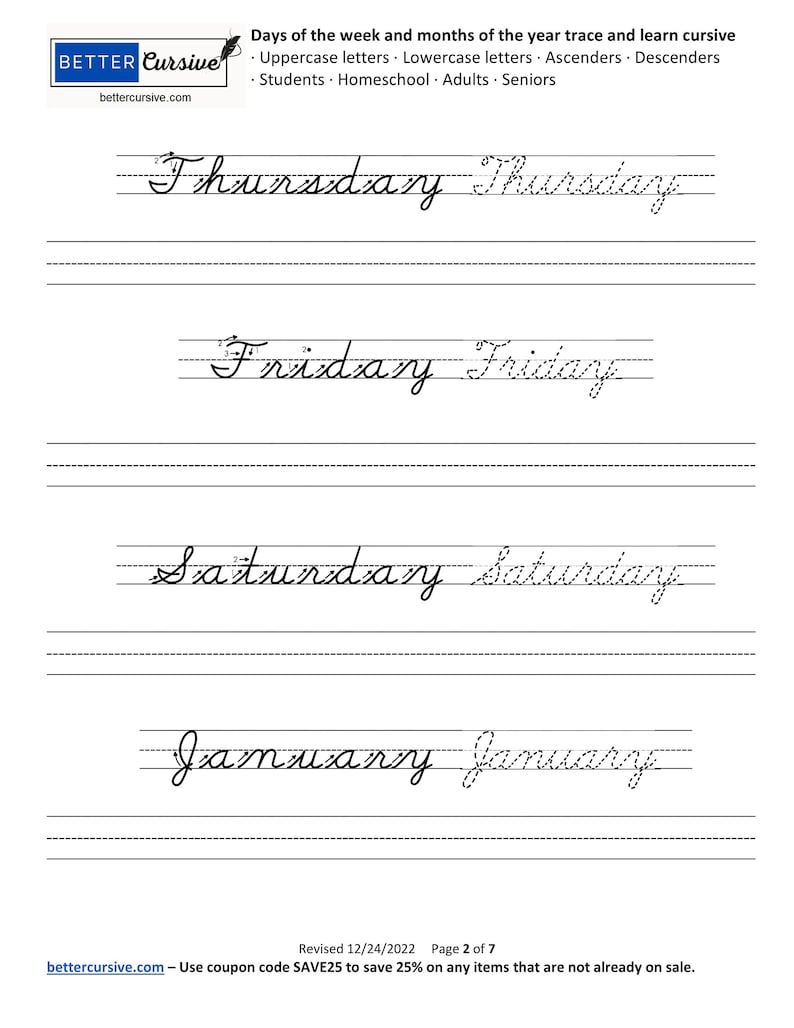 Cursive Writing Practice: Days of the Week and Months of the Year ...
