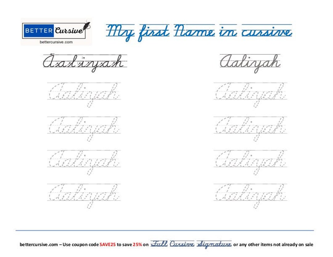 Personalized Gift for Aaliyah. Customized Cursive First Name Worksheet ...