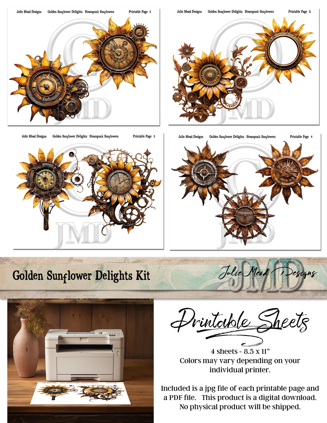 Golden Sunflower Delights Steampunk Sunflowers, Commercial Use, PNG PDF ...