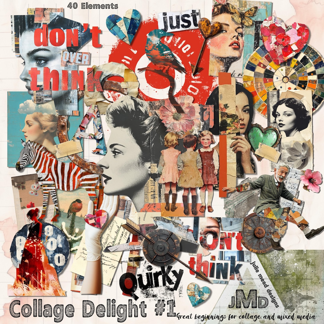 Collage Delight 1 – 40 Quirky PNG Elements + 7 Printable JPG Pages ...