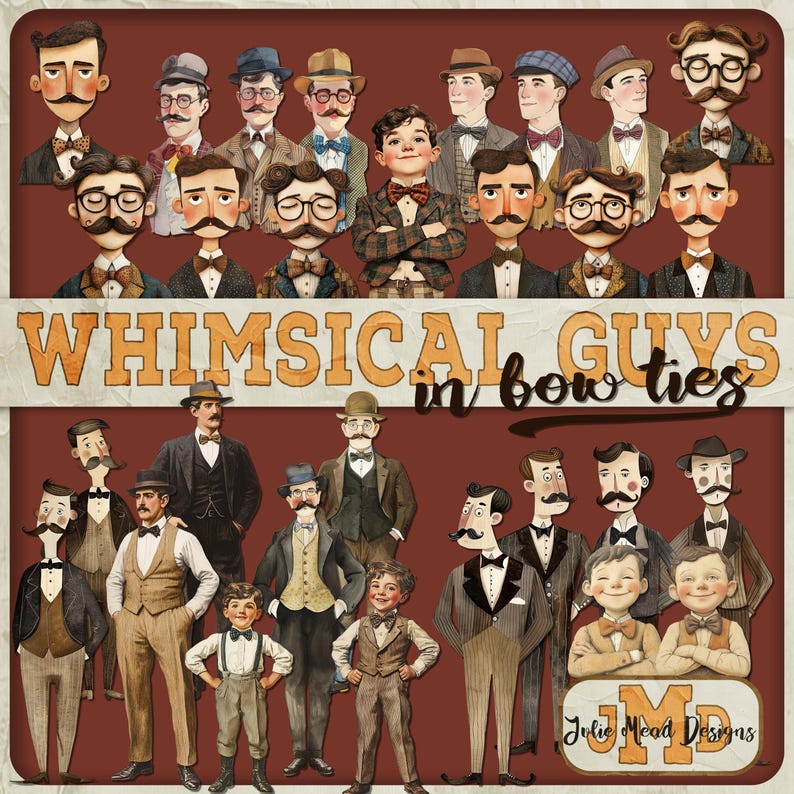Whimsical Guys in Bow Ties, Digital PNG Elements, Commercial Use, Junk ...