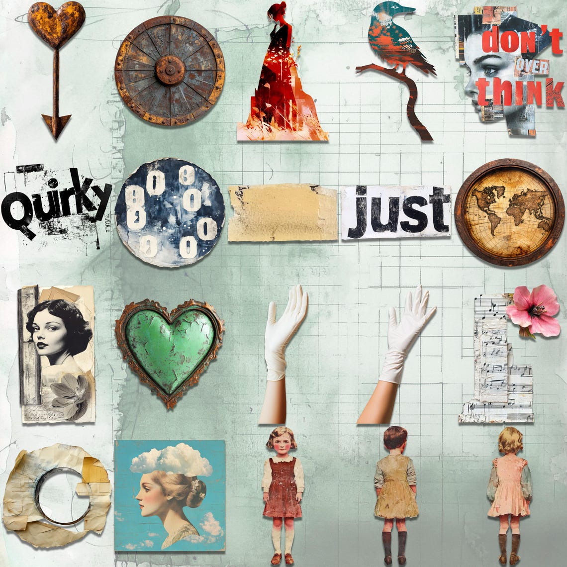 Collage Delight 1 – 40 Quirky PNG Elements + 7 Printable JPG Pages ...