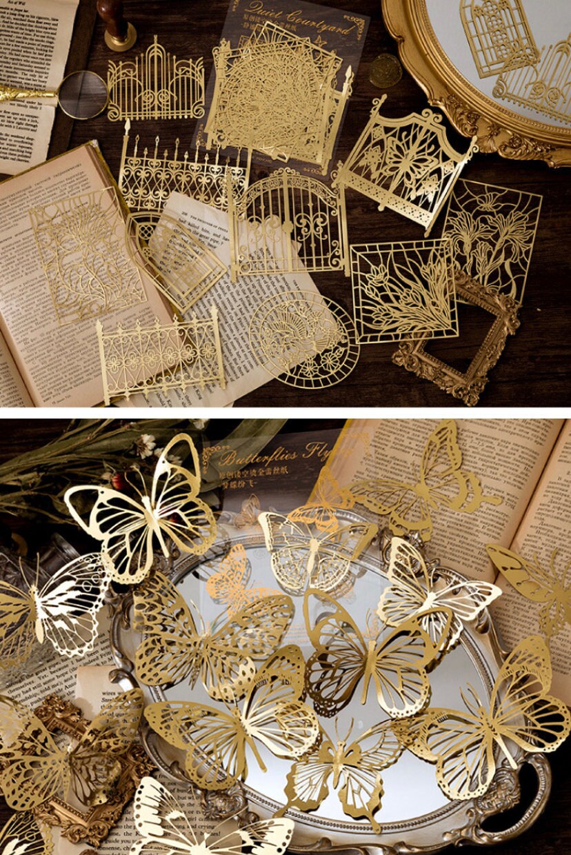 80pcs Gold Foil Hollow Paper Lace Sets, Laser Lace Ephemeras, Scrapbook ...