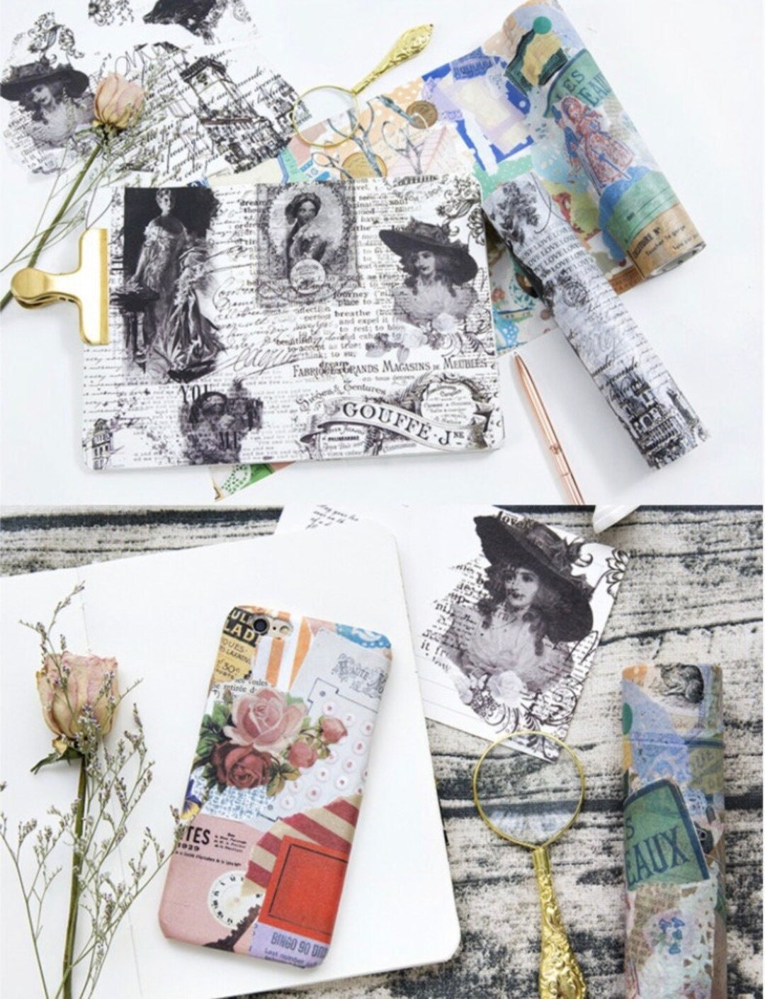 Vintage Inspired Washi Tape, Journal Tape, Adhesive Collage Paper, Wide ...