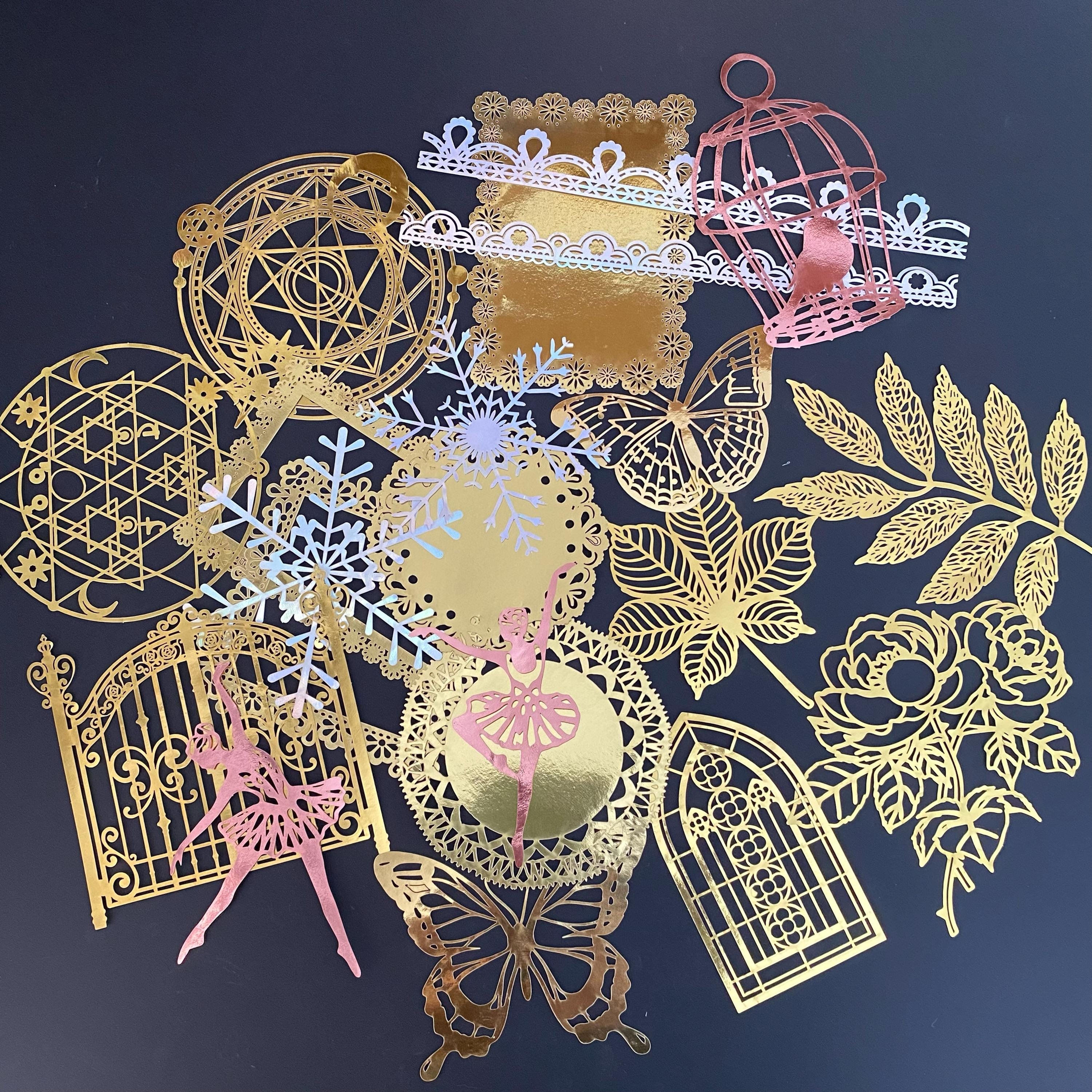 80pcs Gold Foil Hollow Paper Lace Sets, Laser Lace Ephemeras, Scrapbook ...