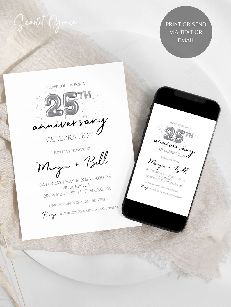 25th Anniversary Invitation Template, Silver Balloon 25th Anniversary ...