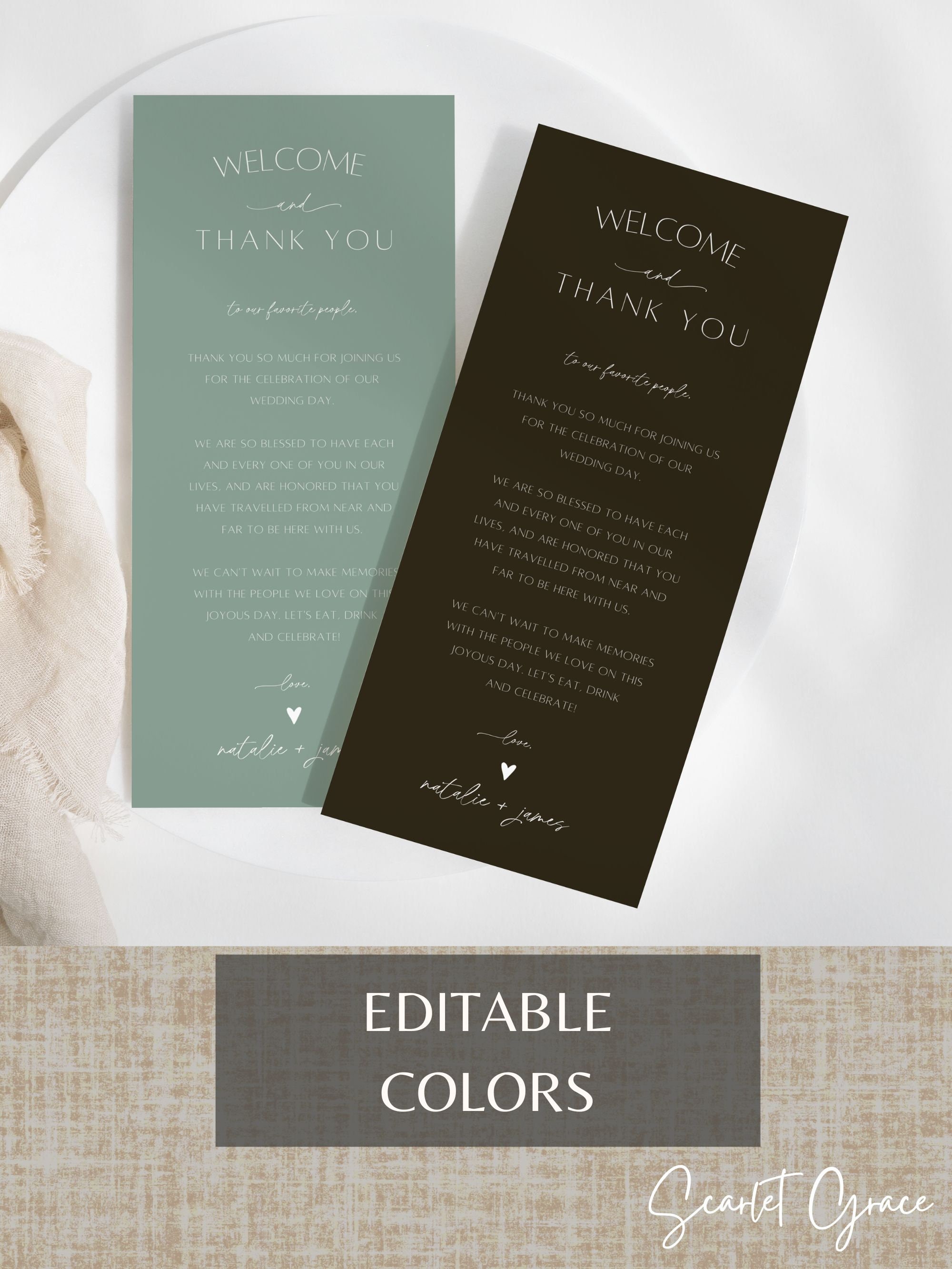 Wedding Welcome Place Card Template Wedding Thank You Napkin Note ...