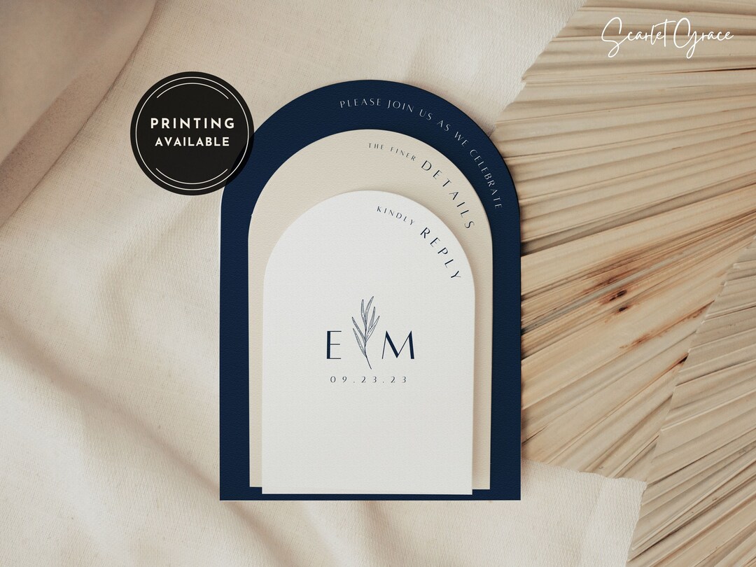Navy Blue Arch Wedding Invitation Template Light Blue Stacked Arch ...