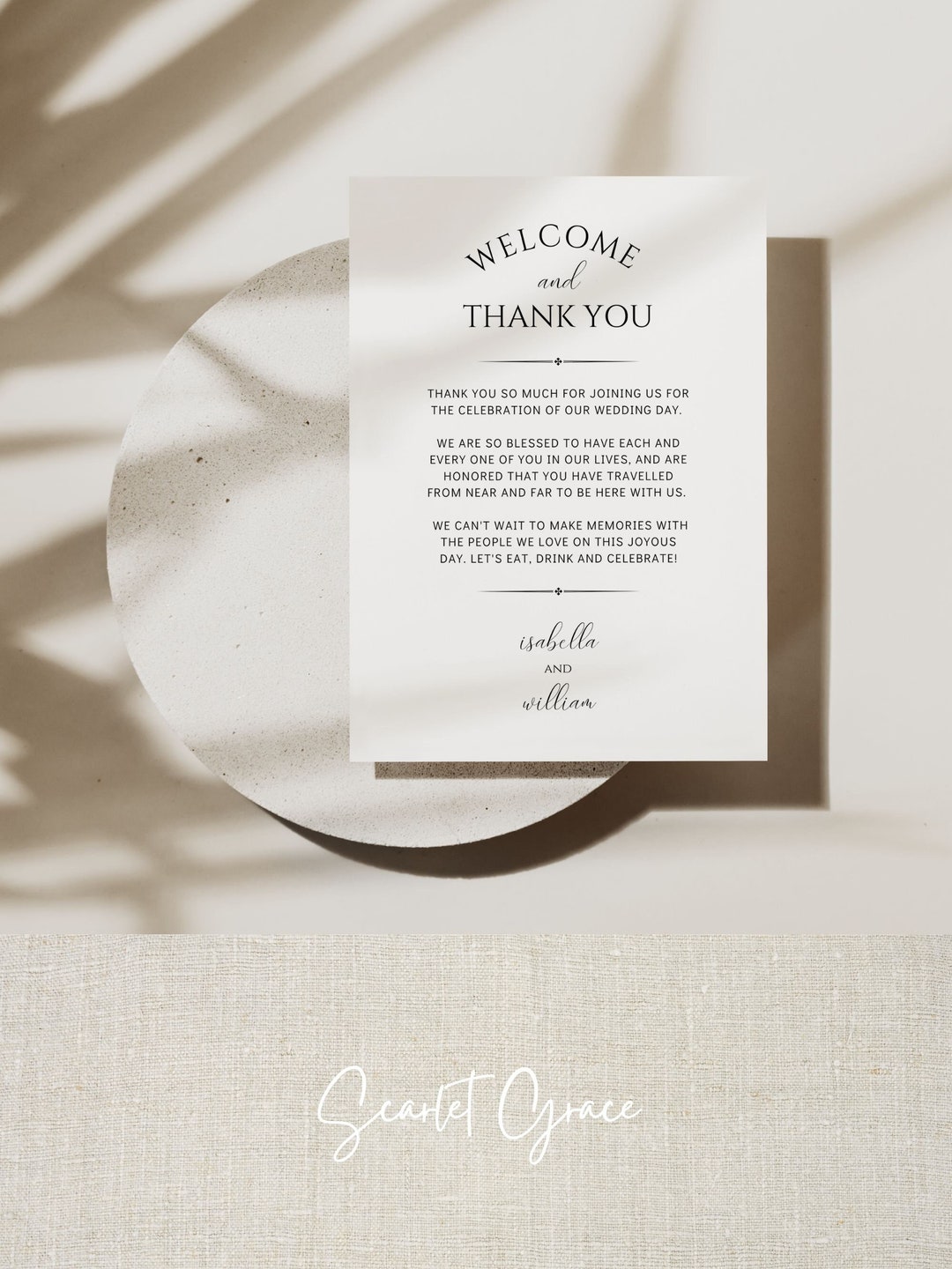 Wedding Welcome Place Card Template Editable Wedding Thank You Place ...