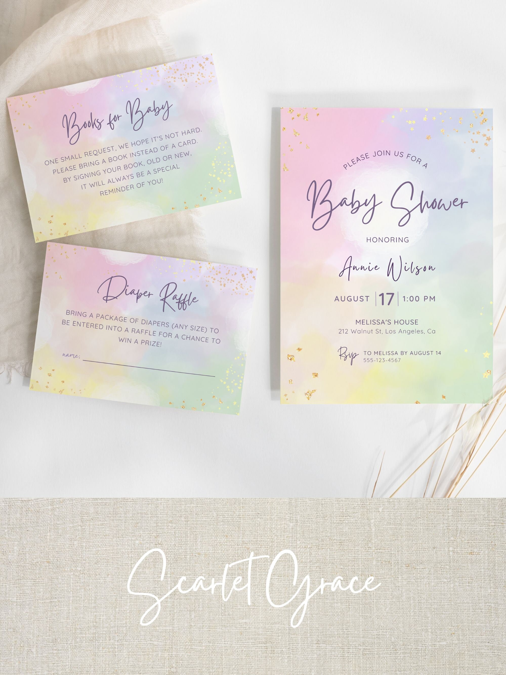 Pastel Rainbow Baby Shower Invitation Template Suite, Boho Watercolor ...