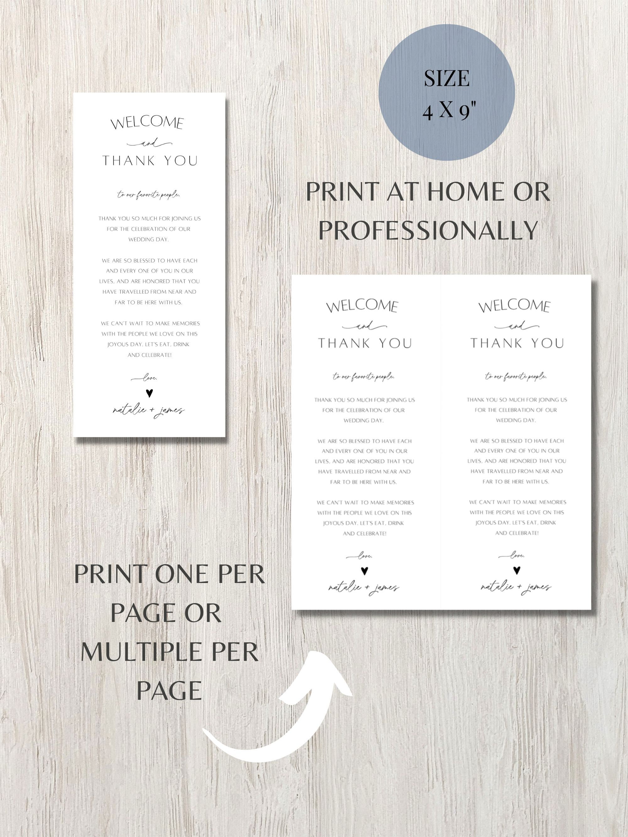 Wedding Welcome Place Card Template Wedding Thank You Napkin Note ...