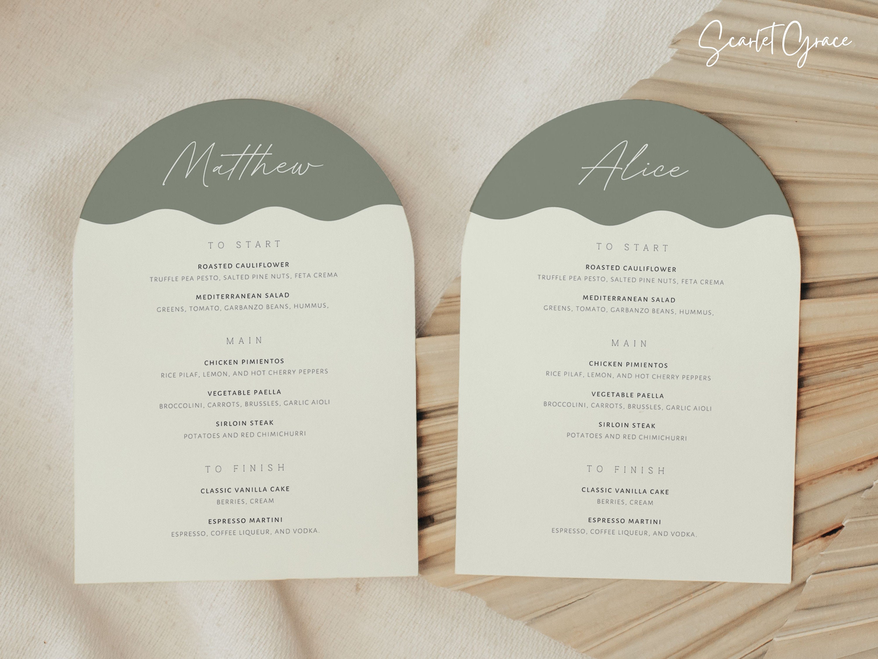 Arch Wedding Menu Place Card Template Modern Sage Green Wedding Menu ...