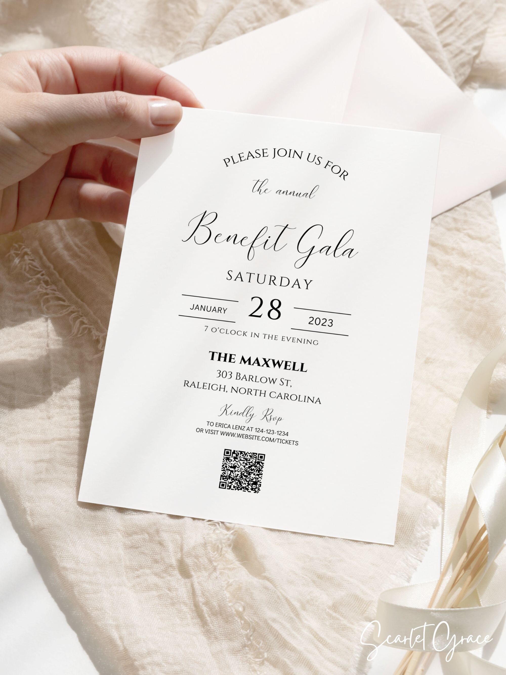Bella Minimalist Gala Invitation Template, Benefit Dinner Event QR Code ...