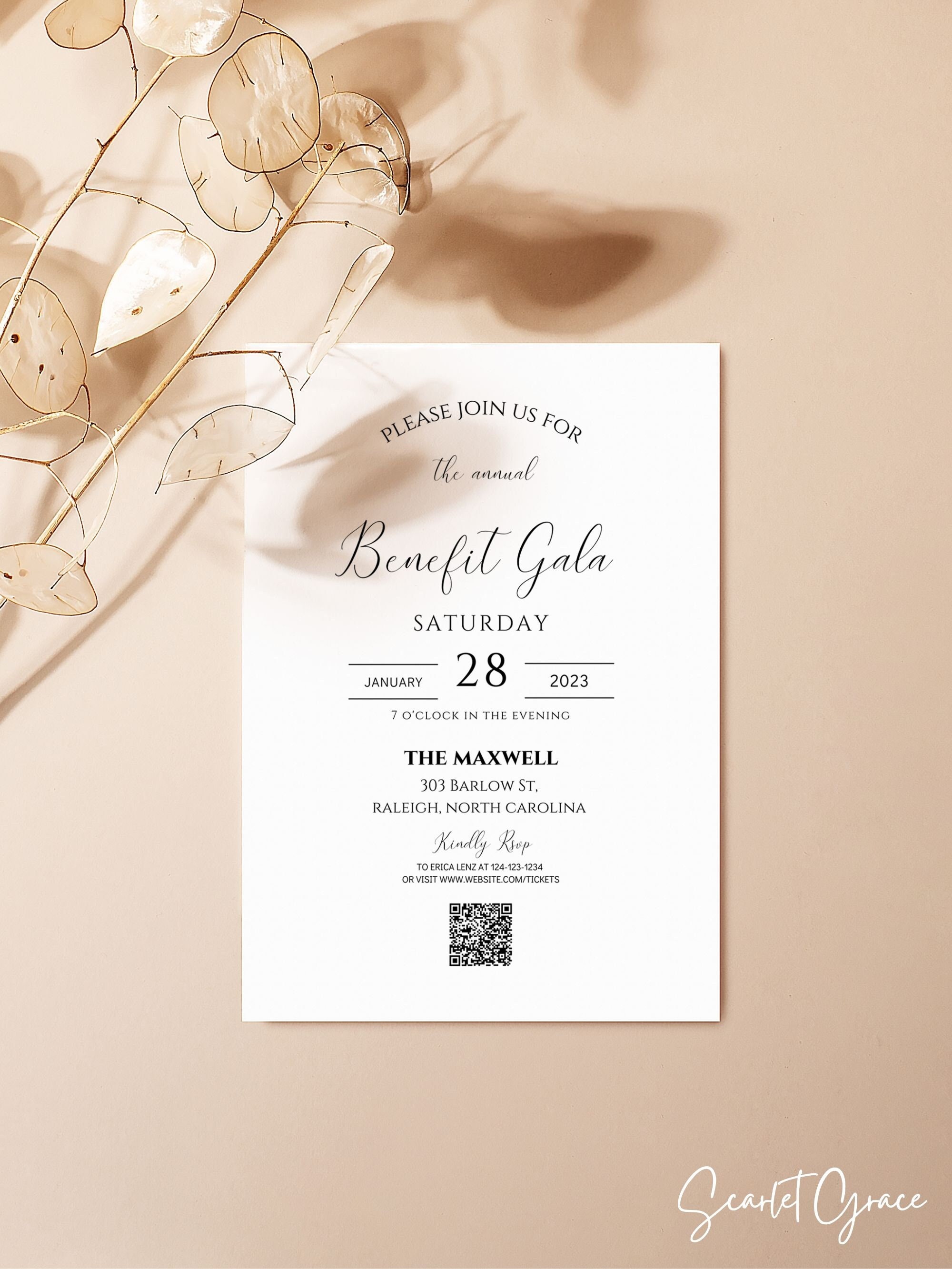 Bella Minimalist Gala Invitation Template, Benefit Dinner Event QR Code ...