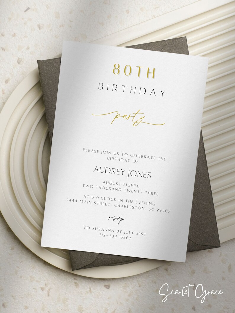 Minimalist 80th Birthday Party Invitation Template Elegant - Etsy