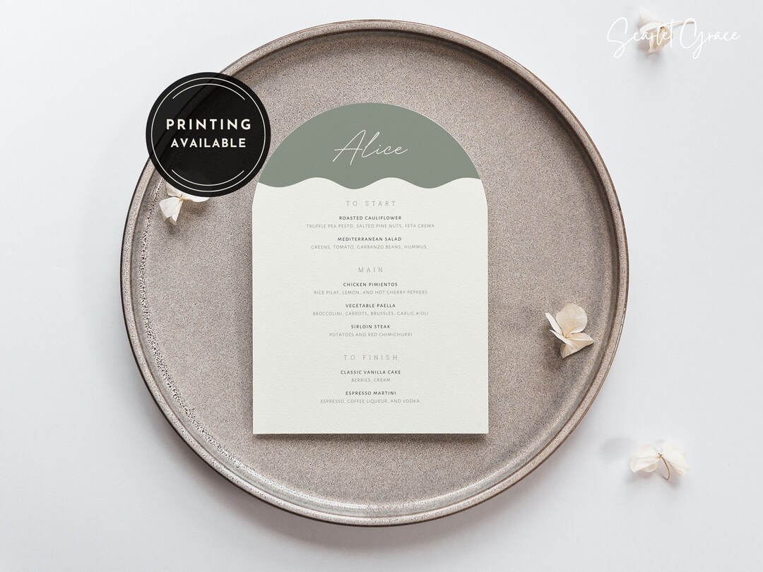 Arch Wedding Menu Place Card Template Modern Sage Green Wedding Menu ...